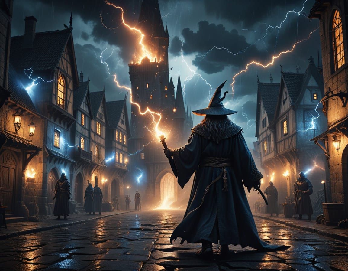 Epic Dark Fantasy Wizard Battles Demons Under Stor... - AI Art