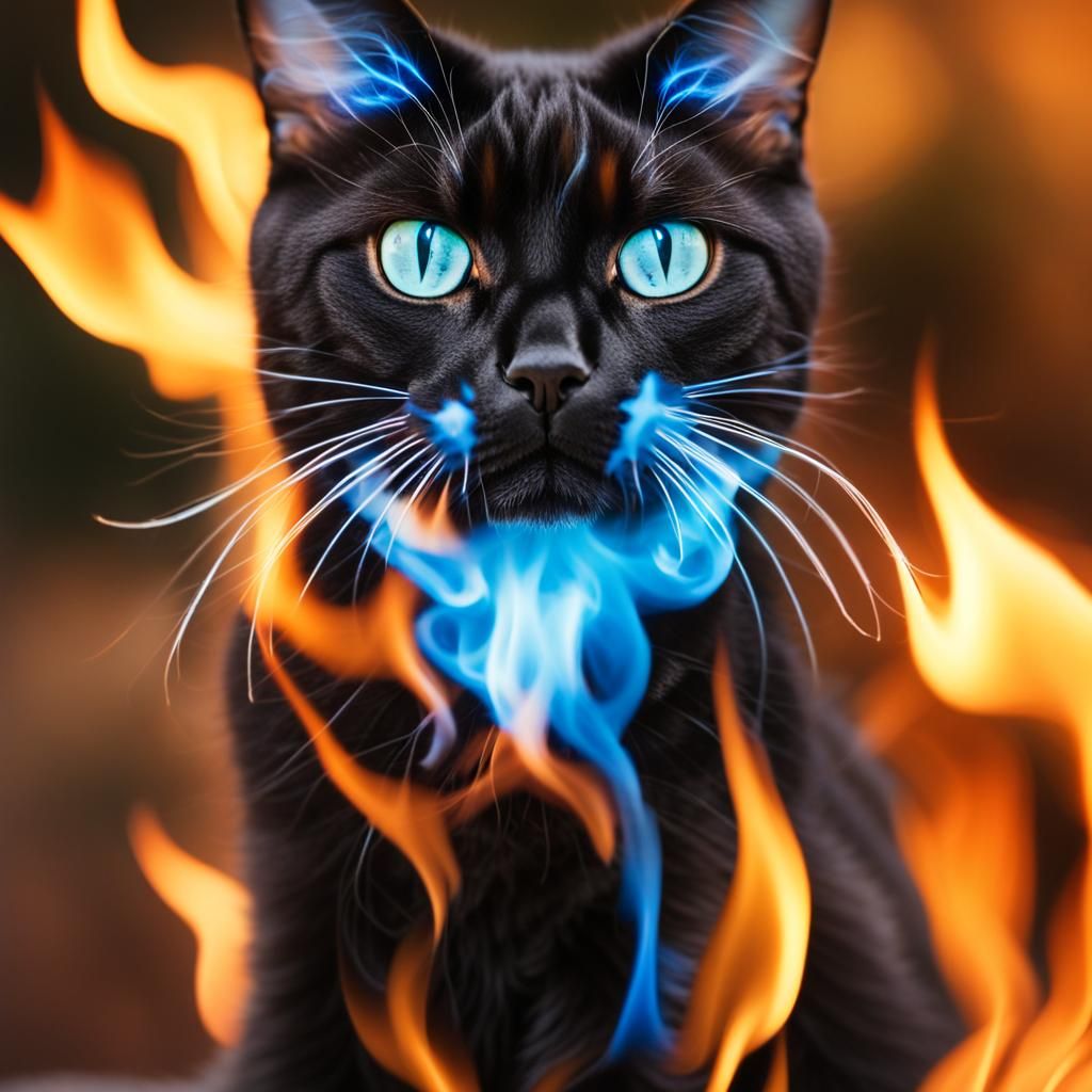 Black Fire cat with Blue flames - AI Generated Artwork - NightCafe Creator