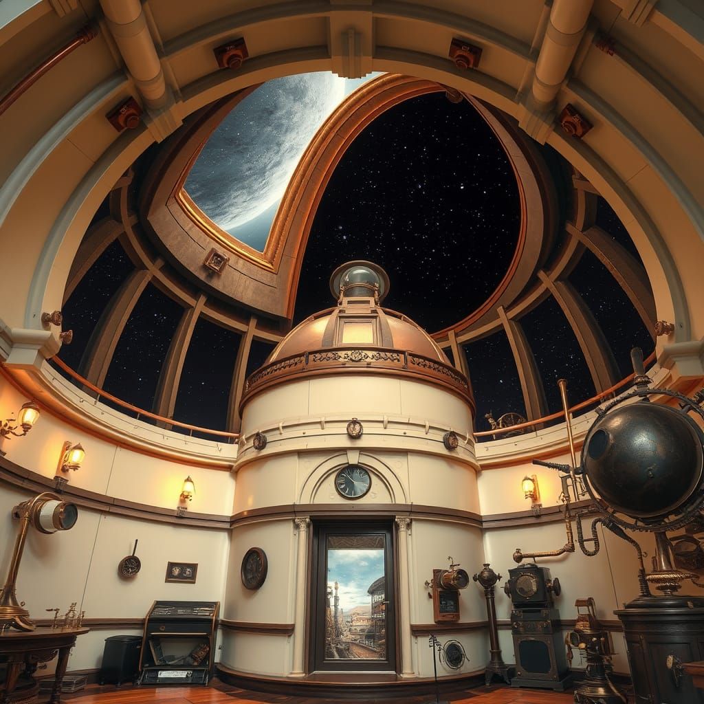 Steampunk Observatory Interior in Warm Golden Ligh... - AI Art