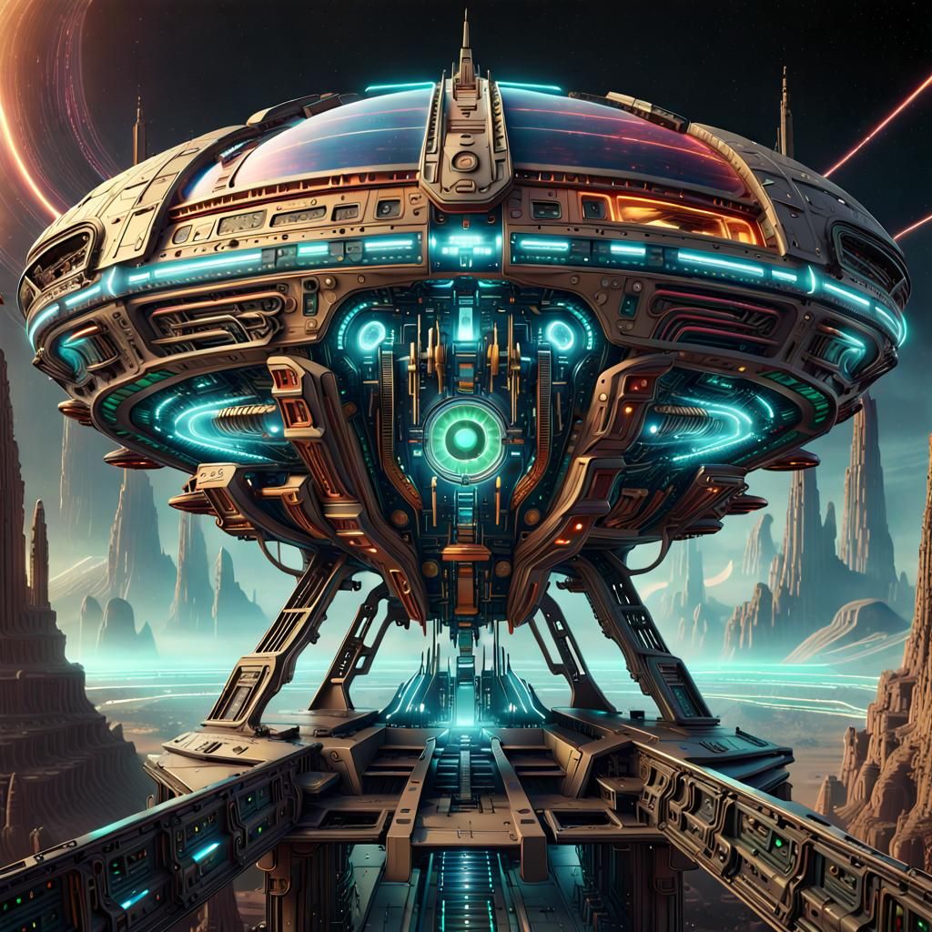 A hyper-advanced quantum spaceship , with glowing circuits and ...