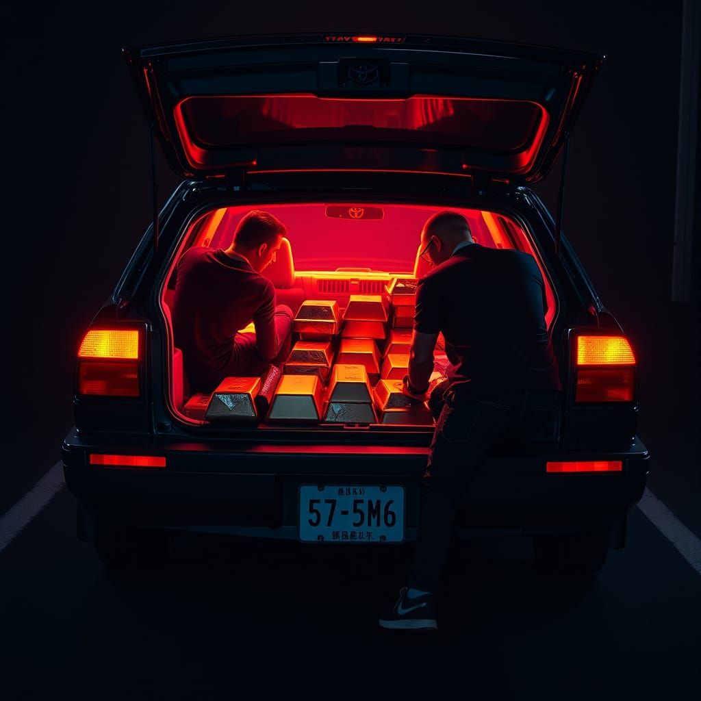 Synthwave Guys Load Gold into Retro Toyota Corolla - AI Art