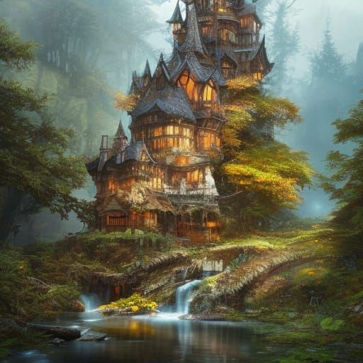 "Insanely detailed photograph of incredible fantasy castle beside a ...