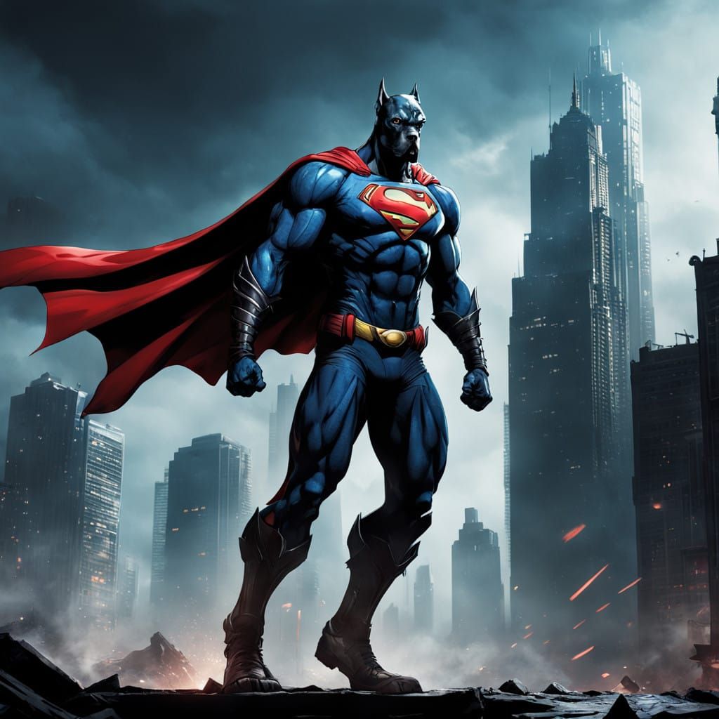 A normal sized Great Dane, clad in a tailored, blue Superman suit with ...