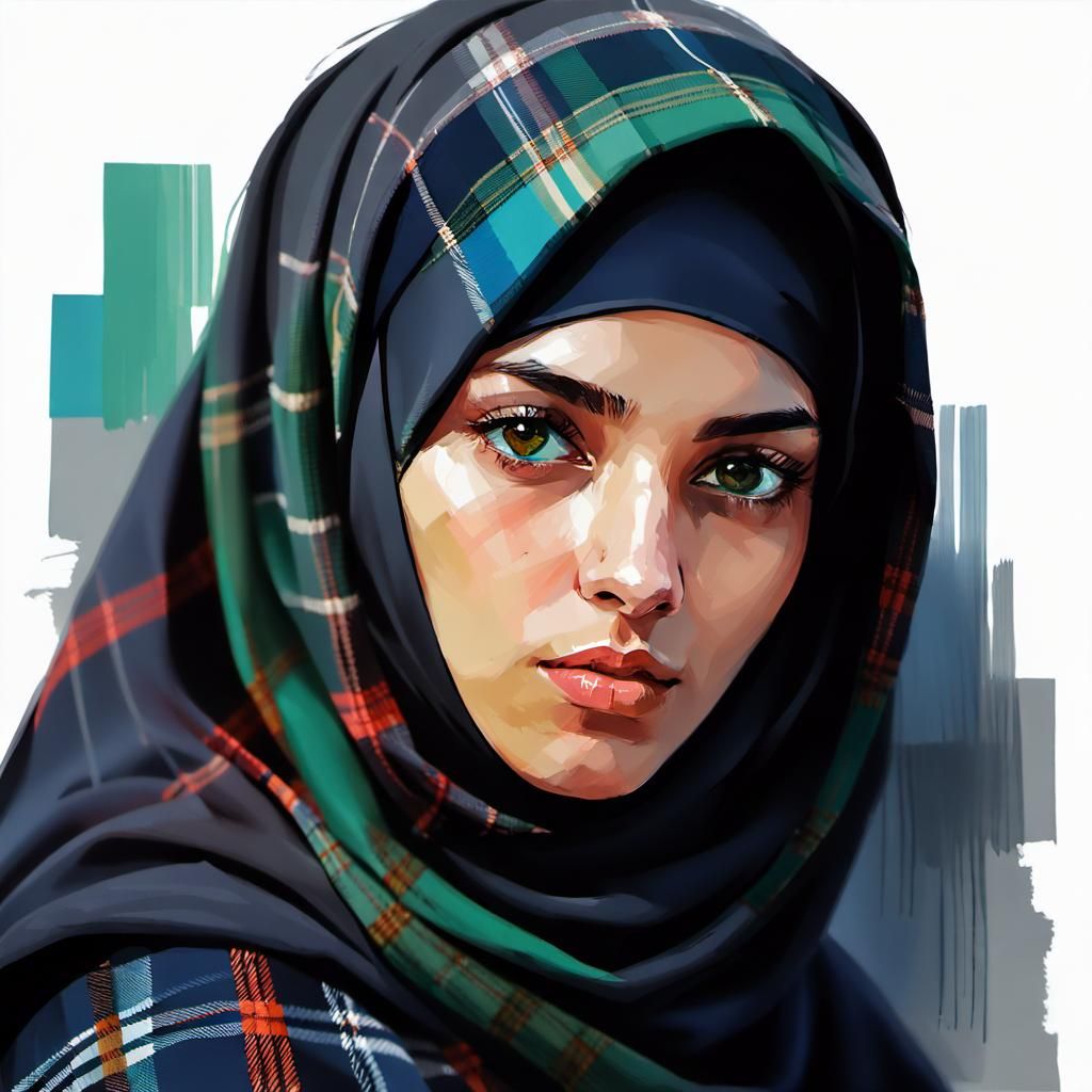 Portrait of woman wearing colored hijab with Scottish plaid pattern - AI Generated Artwork ...