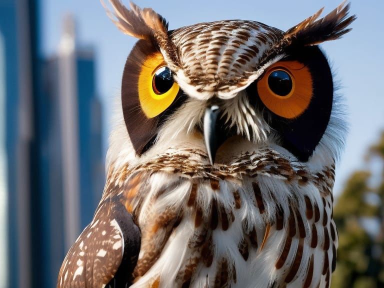 Front view of One intricately detailed centered Owl flying by a glass ...