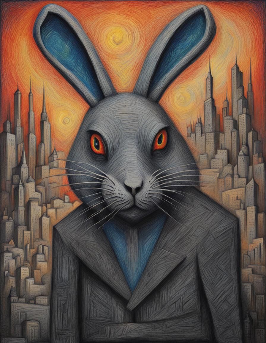 an oil pastel of a monster-shaped rabbit. warped abstract and ...