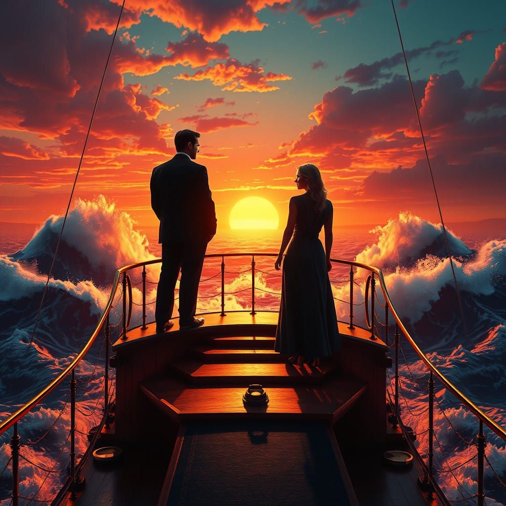 Doomed Ocean Liner in a Fantastical Sunset, Inspir... - AI Art
