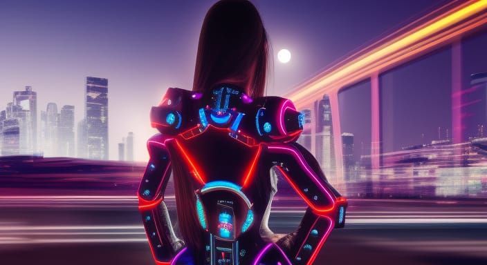 Portrait of a cyborg girl wearing futuristic face armor in a neon city ...