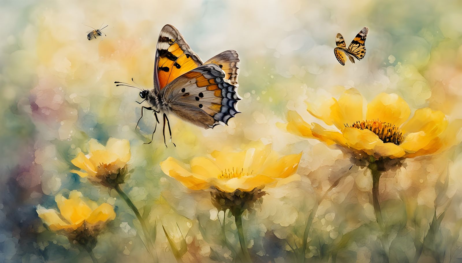 Impressionist style watercolor painting of a butterfly sitting on a ...