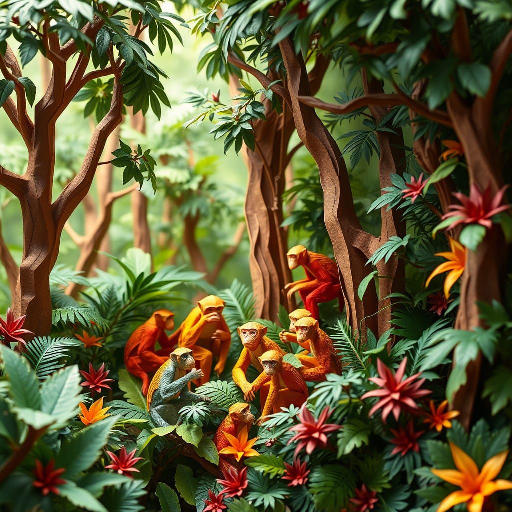 Vibrant Origami Jungle Teeming with Colorful Monke... - AI Art