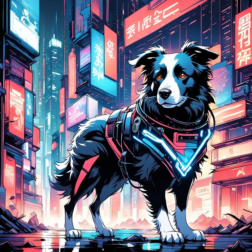 Border collie in cyberpunk city, Masterpiece, Best Quality, flat, Manga ...