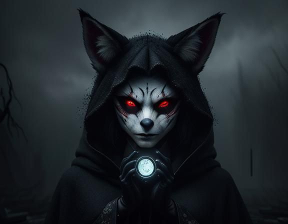 A horror poster of a kitsune girl with fox ears with a dark robe and ...