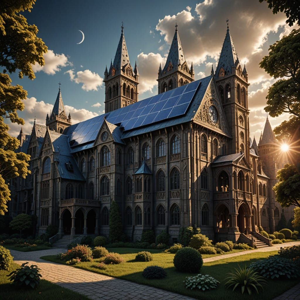 Gothic Solarpunk Architecture Unites Ancient Elega... - AI Art