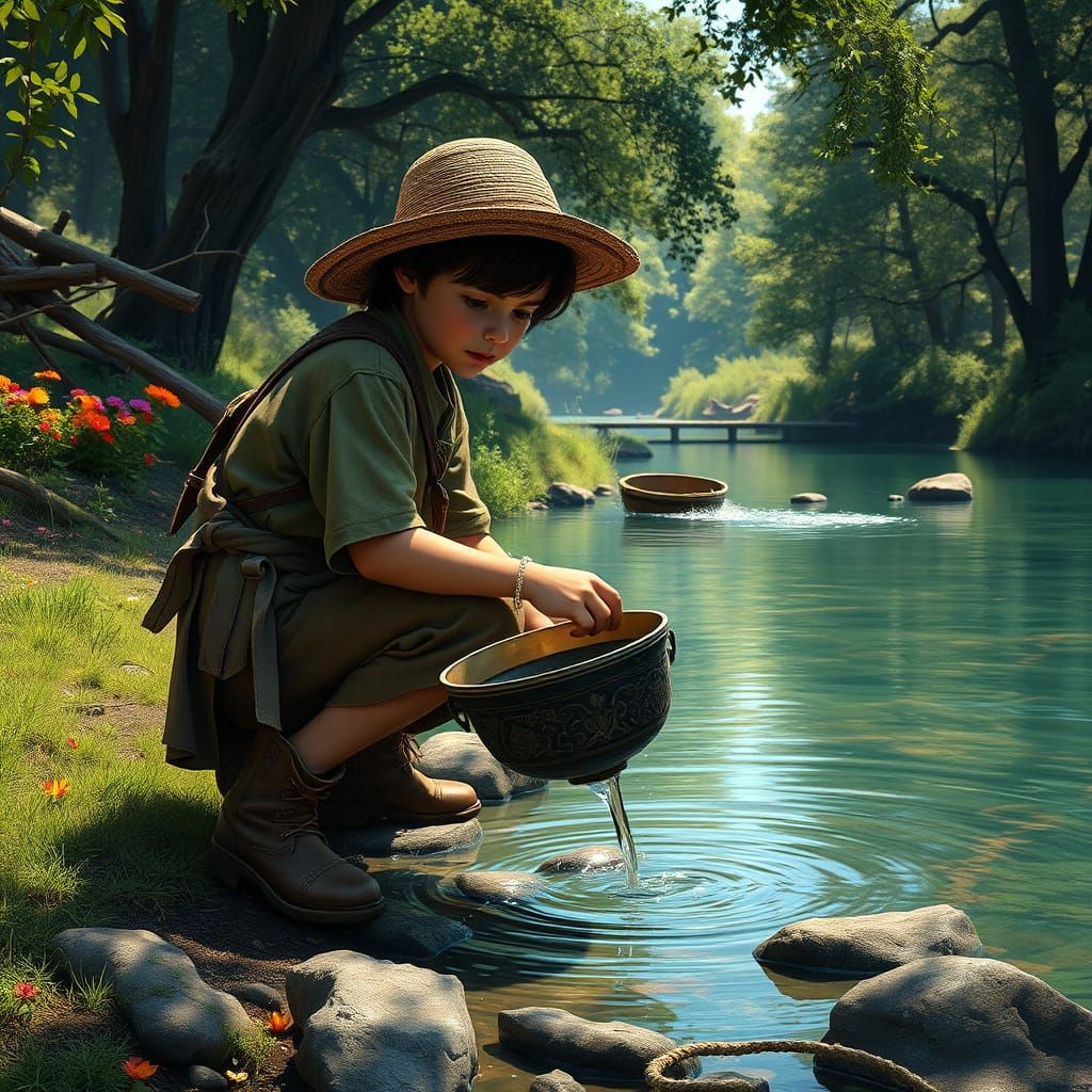 Young Villager Collects River Water in Ornate Can ... - AI Art