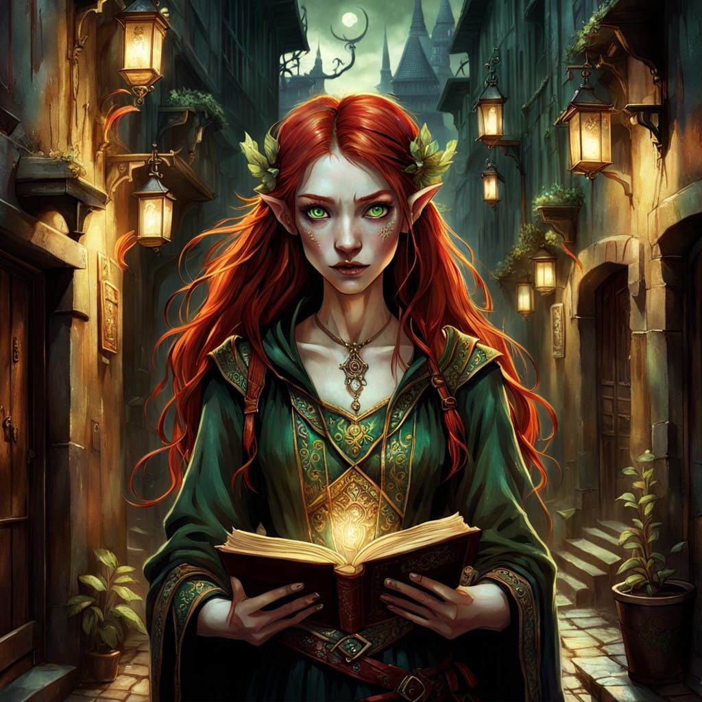 Slender Half-Elf Wizard Gazes Upward in Mystical A... - AI Art