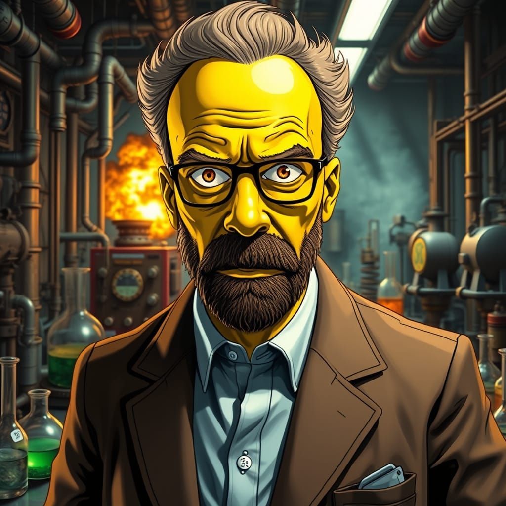 A hyperrealistic portrait of Walter White dressed as Homer Simpson, art ...
