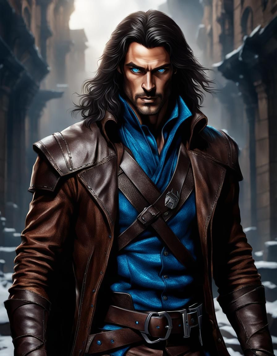 Handsome, Dark male rogue with long dark hair blue eyes, wearing brown ...