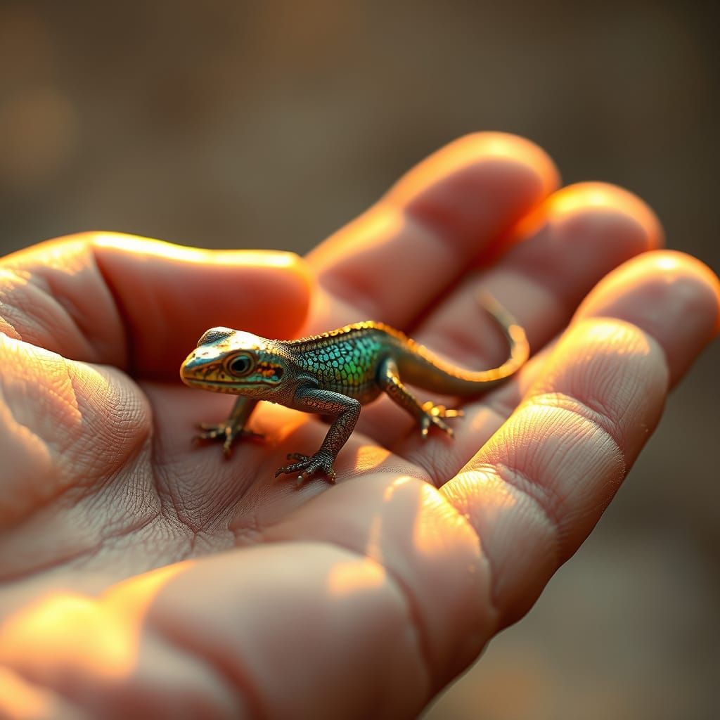 Tiny Iridescent Lizard Perched in a Gentle Hand - AI Art