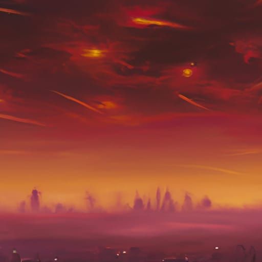 maroon skies - Maroon Skies Over Cityscape in Ethereal Style