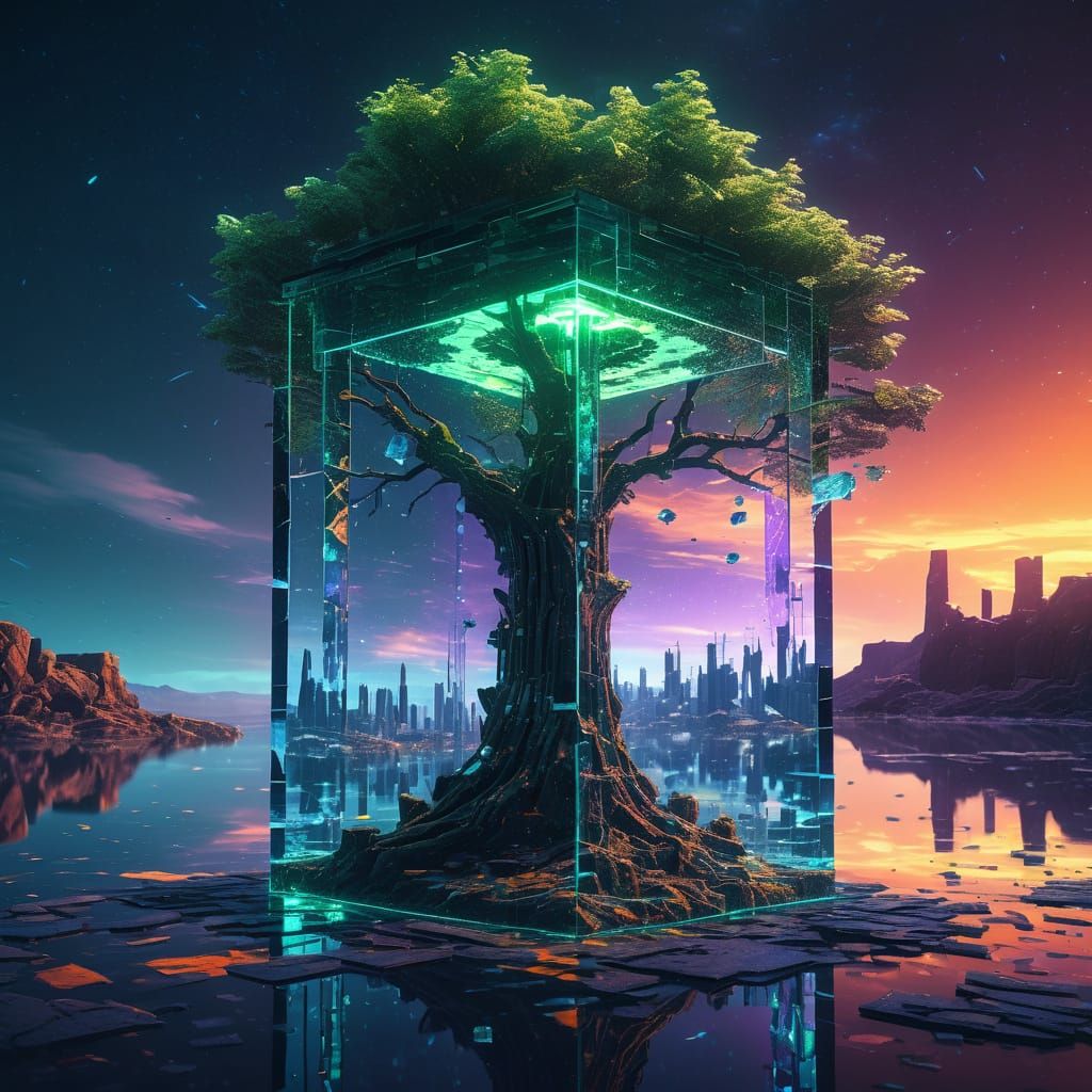 Cyber tree - Surreal Cityscape with Cyber Tree and Ancient R...
