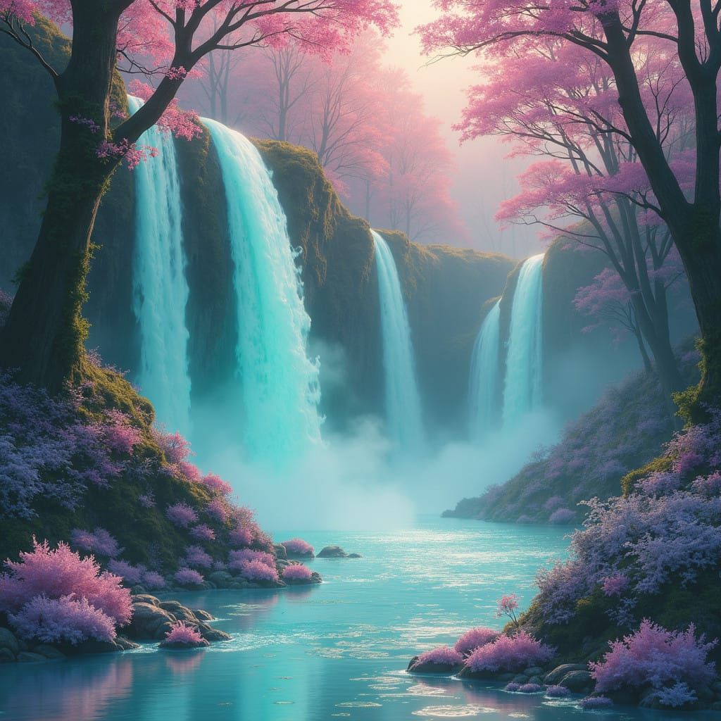 Whimsical Peppermint Waterfalls in Pastel Dreams - AI Art