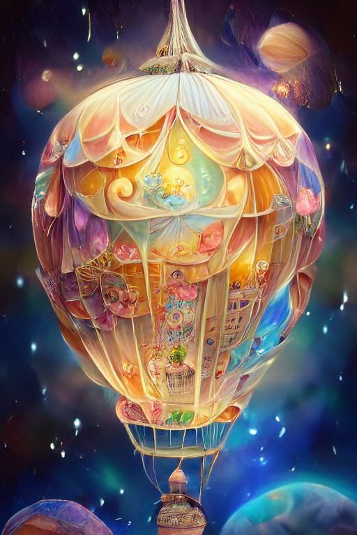 Glowing Magical Fantasy Hot Air Balloon Surrounded By Floating Luminous ...
