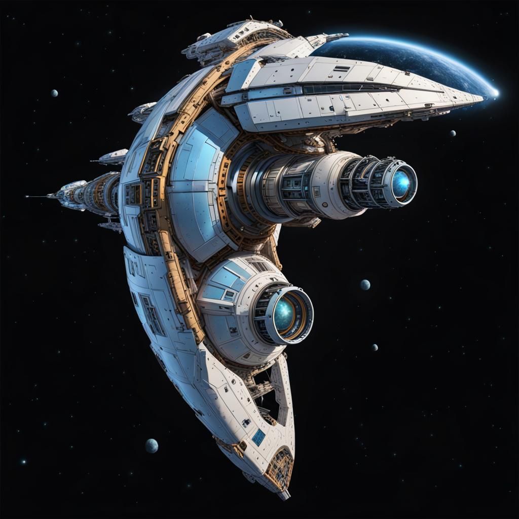 spaceship in outer space, sci-fi, spacecore, Tim Warnock style; starry ...