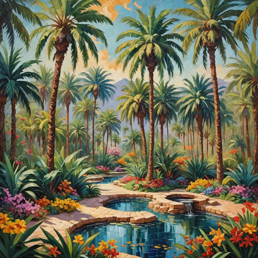 an oasis in the desert with palm trees and tropical flowers and a well ...