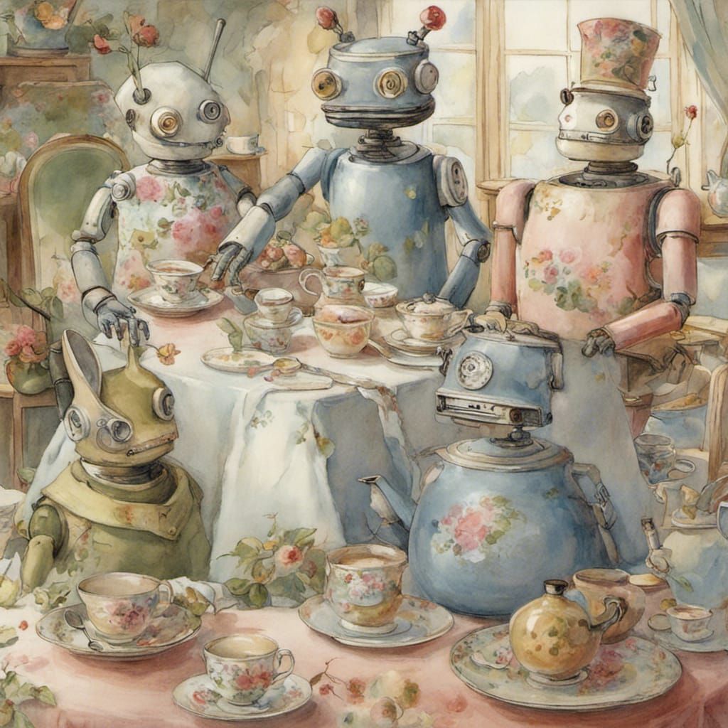 Robot tea party 🥳 - AI Generated Artwork - NightCafe Creator