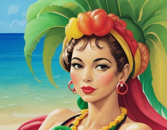 Carmen Miranda with her fruit turban on a Island Oasis. Chica chica ...