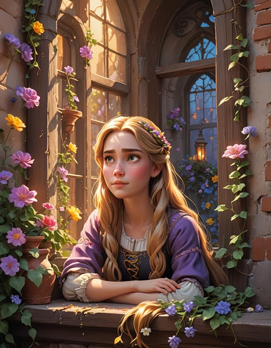 A beautiful teenage girl in the style of Rapunzel from Disneys animated ...