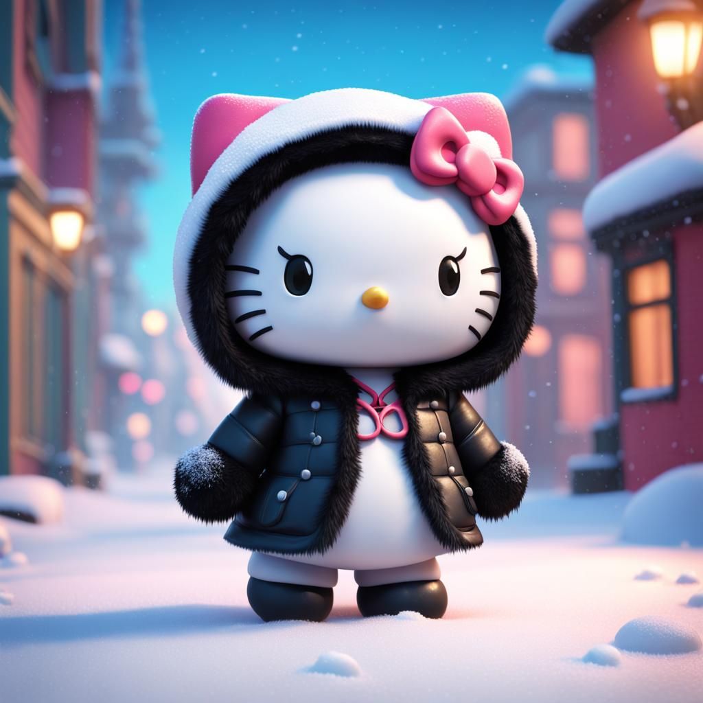 Hello Kitty with a chapka and a black fur coat surrounded by snow - AI ...