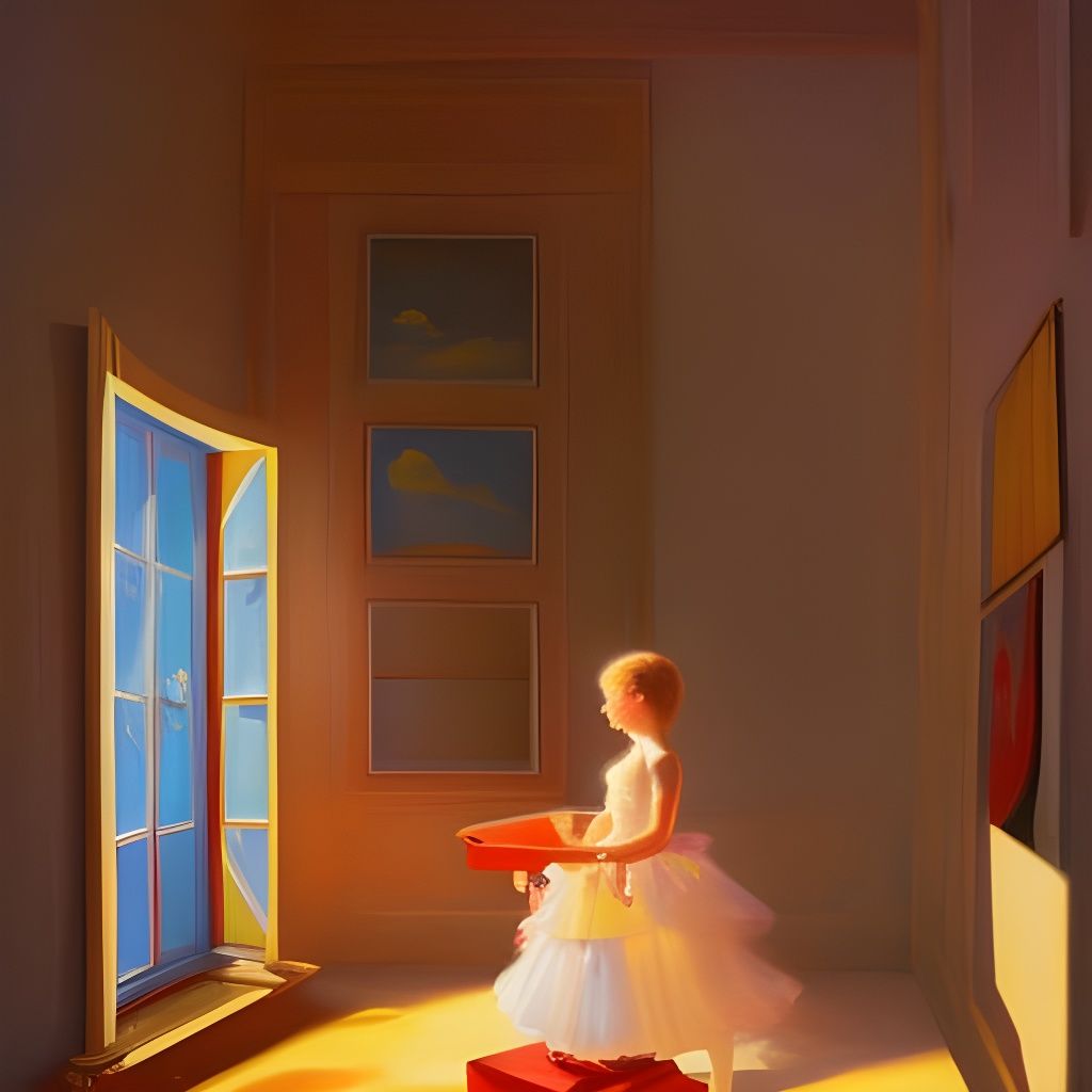 A circus boy paints in a small white room. storybook illustration, deep ...