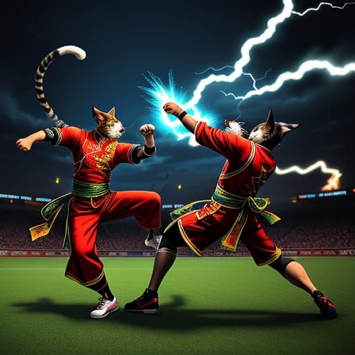 Cats Engage in High-Speed Kung Fu Battle - AI Art