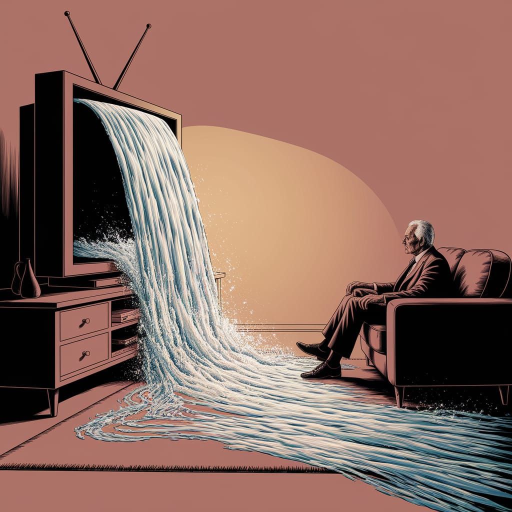 A gigantic waterfall pouring out of a television screen into the living ...