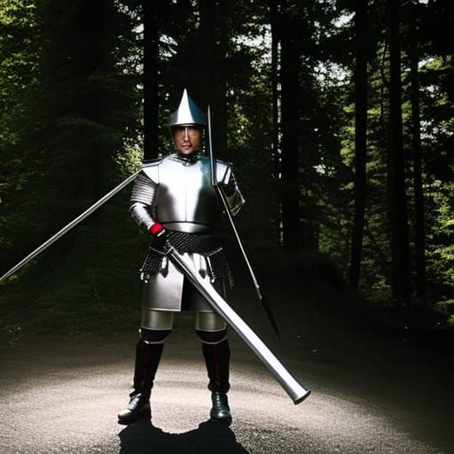 tall knight in silver armor holding sledgehammer dueling Samurai in ...