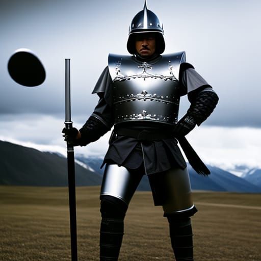 tall knight in silver armor holding sledgehammer dueling Samurai in ...