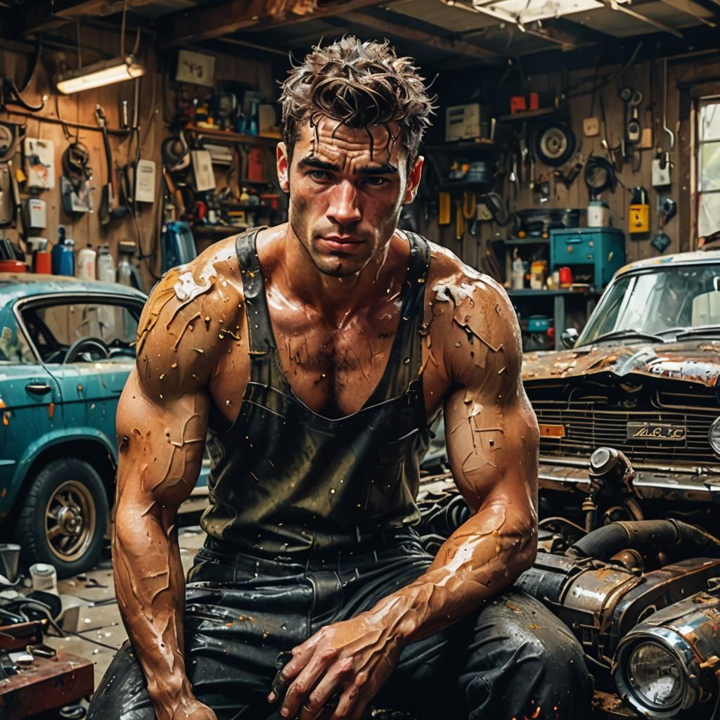 Impasto portrait of a mechanic covered in grease