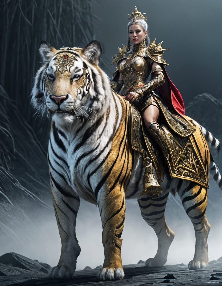 Regal warrior woman adorned in elaborate, ornate armor.