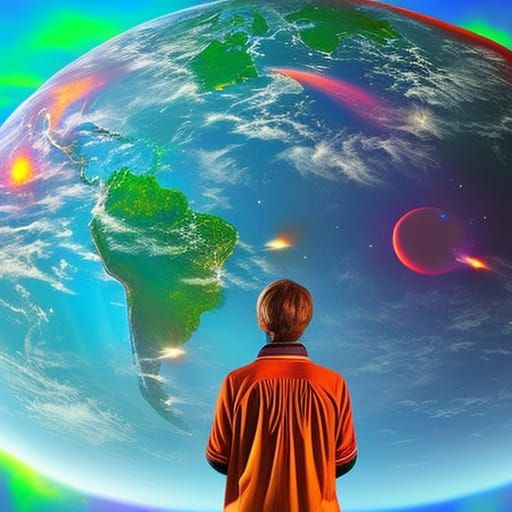 "Deep in meditation, an esoteric being envisions the planets from space, a vivid tapestry in its ...