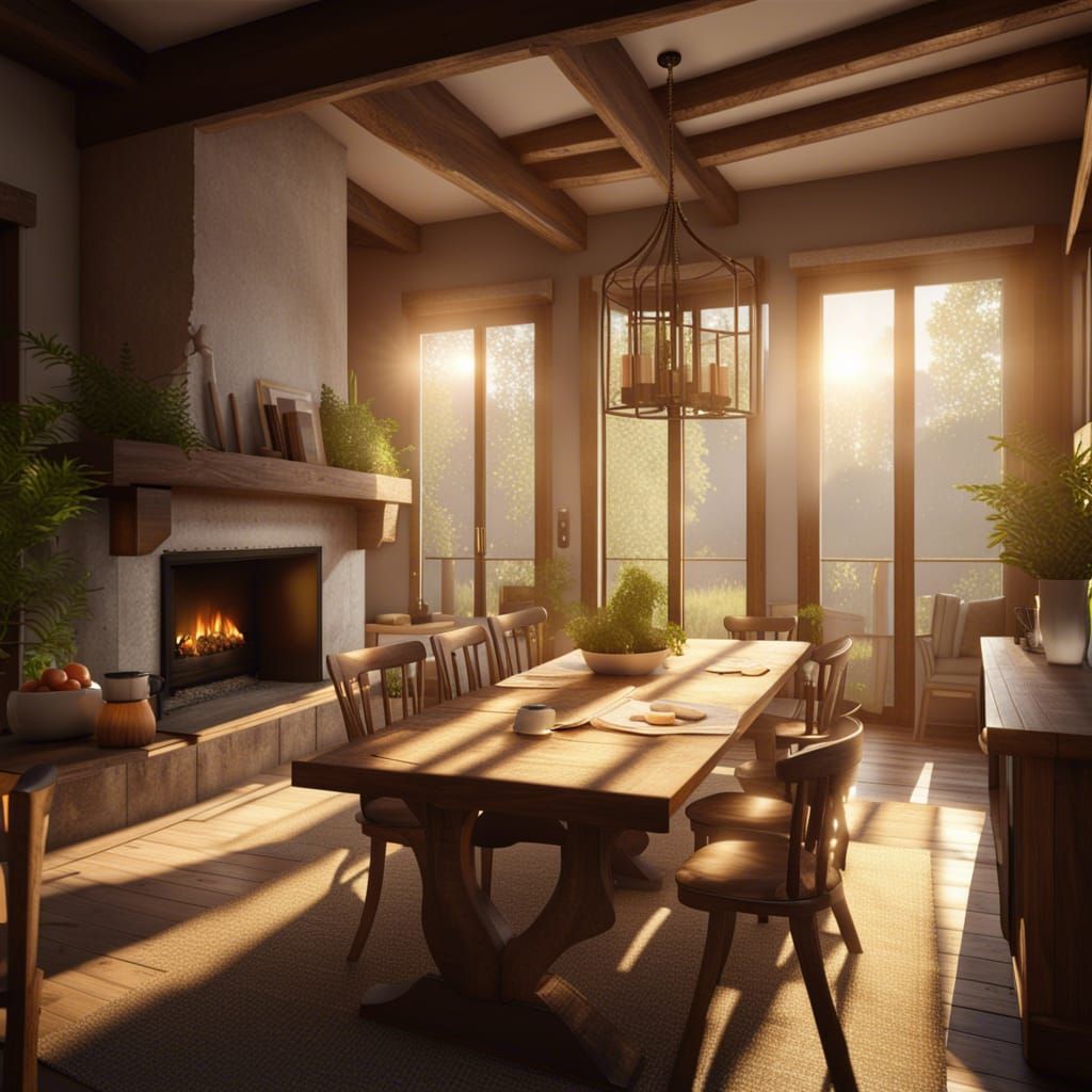 interior design dining room for family, farmhouse, with rustic ...