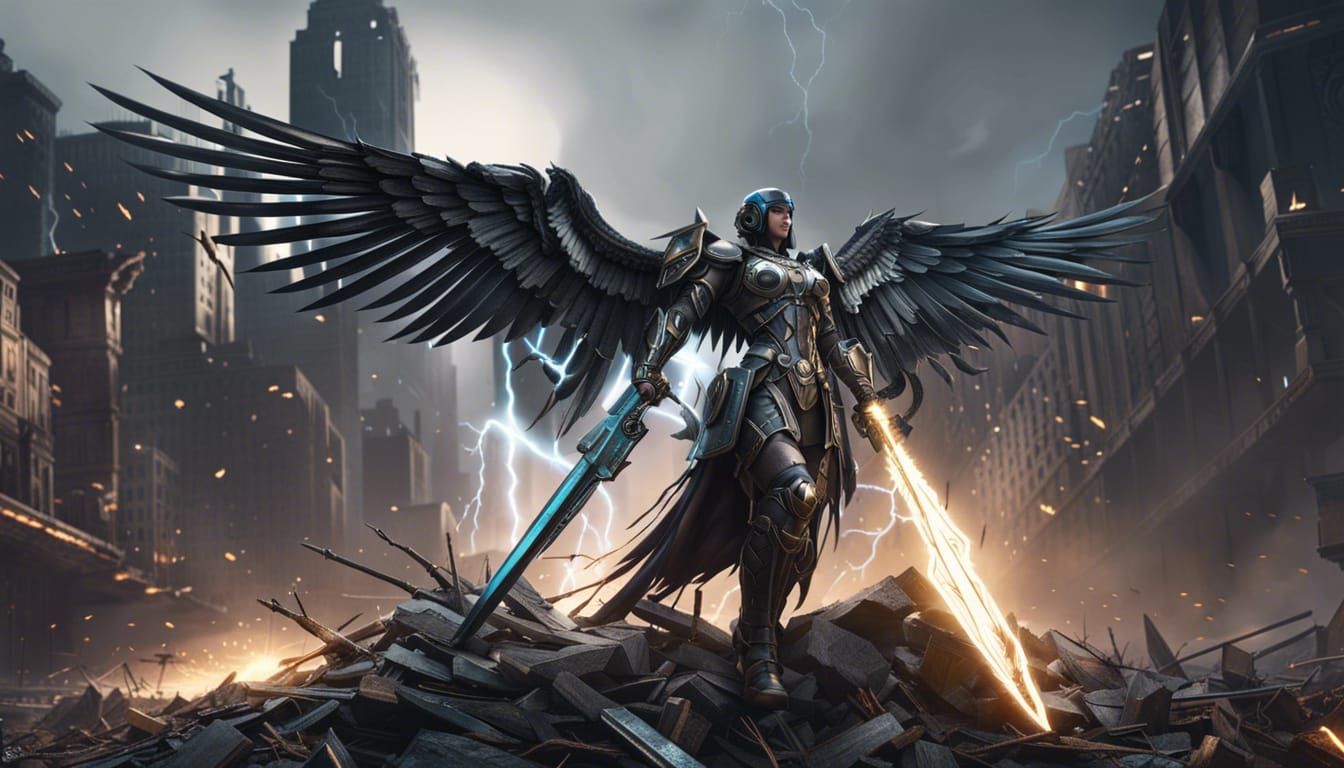 digital artwork, cyborg angel with dark wings, divine armor, cyber ...