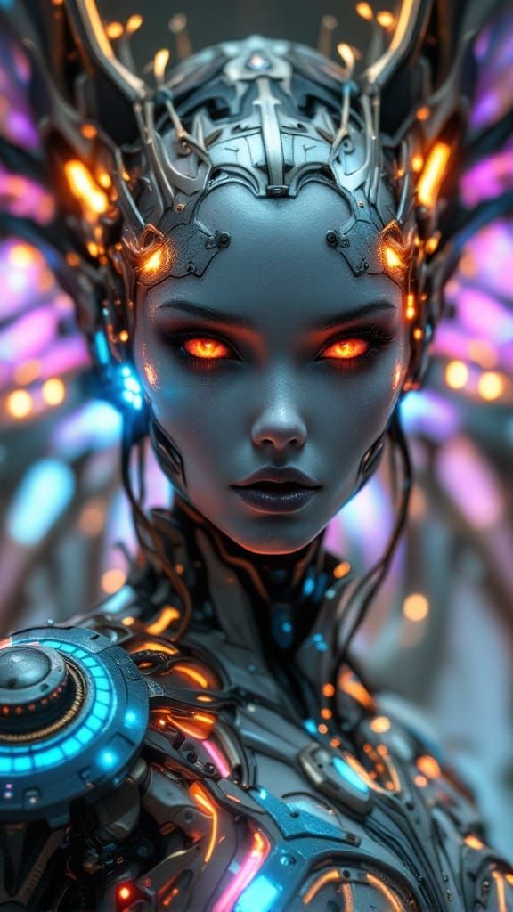 Cyberpunk Goddess with Majestic Wings and Ornate A... - AI Art