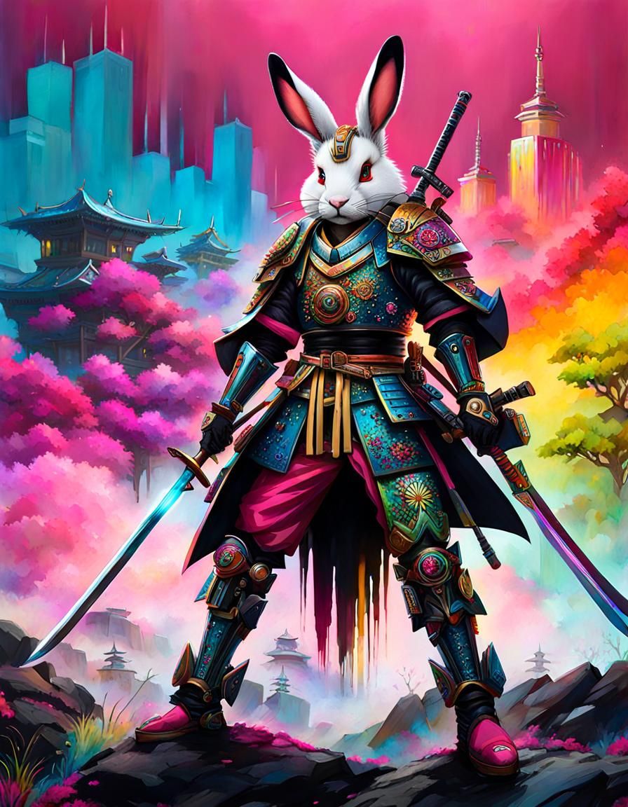 intricately detailed cyberpunk (furry samurai-rabbit:1,5) wears ...
