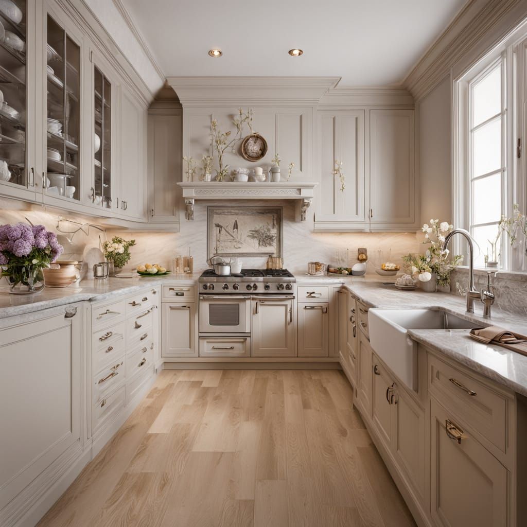 Cozy Transitional Kitchen with Elegant Ivory White... - AI Art