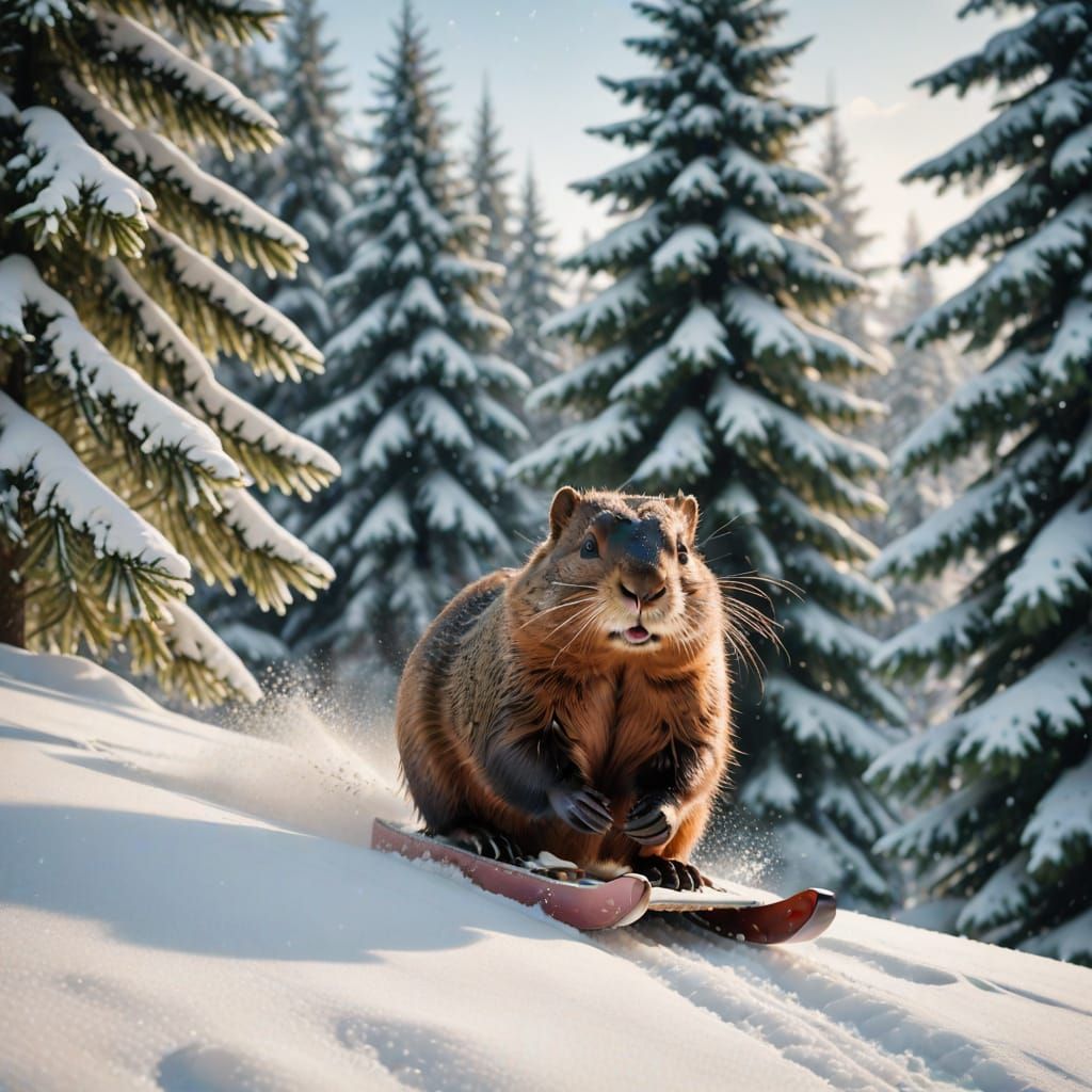 Beaver having fun. - Whimsical Winter Beaver Scene in Impre...