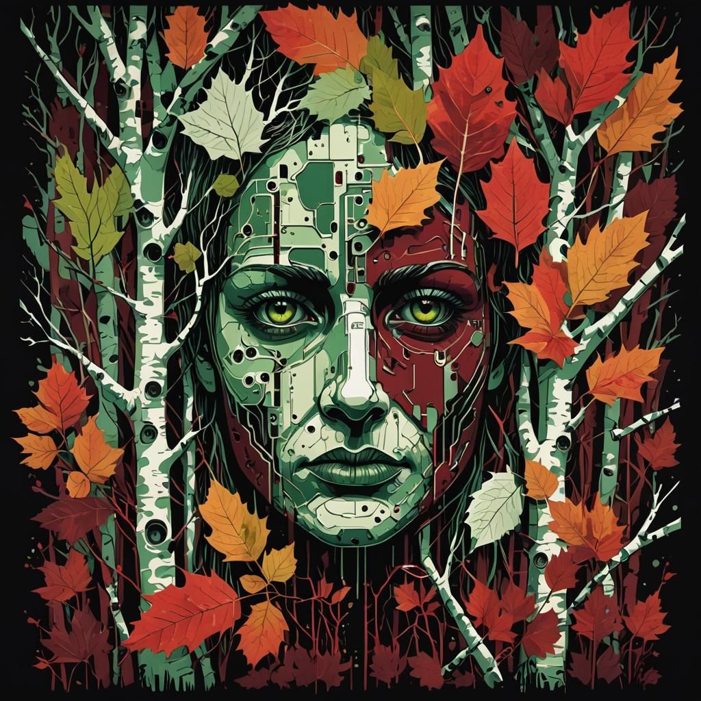the imposition of birch trees on computer parts face, red, burgundy ...