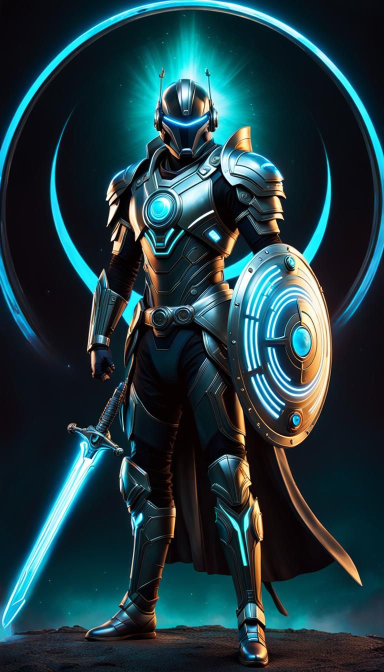 An intergalactic warrior with a futuristic bioluminescent metallic ...