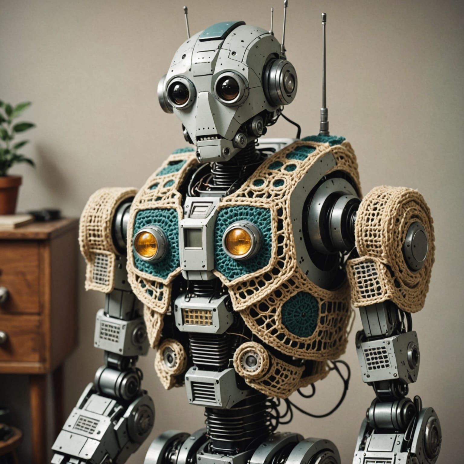Hyper Realistic Robot in Crochet Outfit, A Muted H... - AI Art