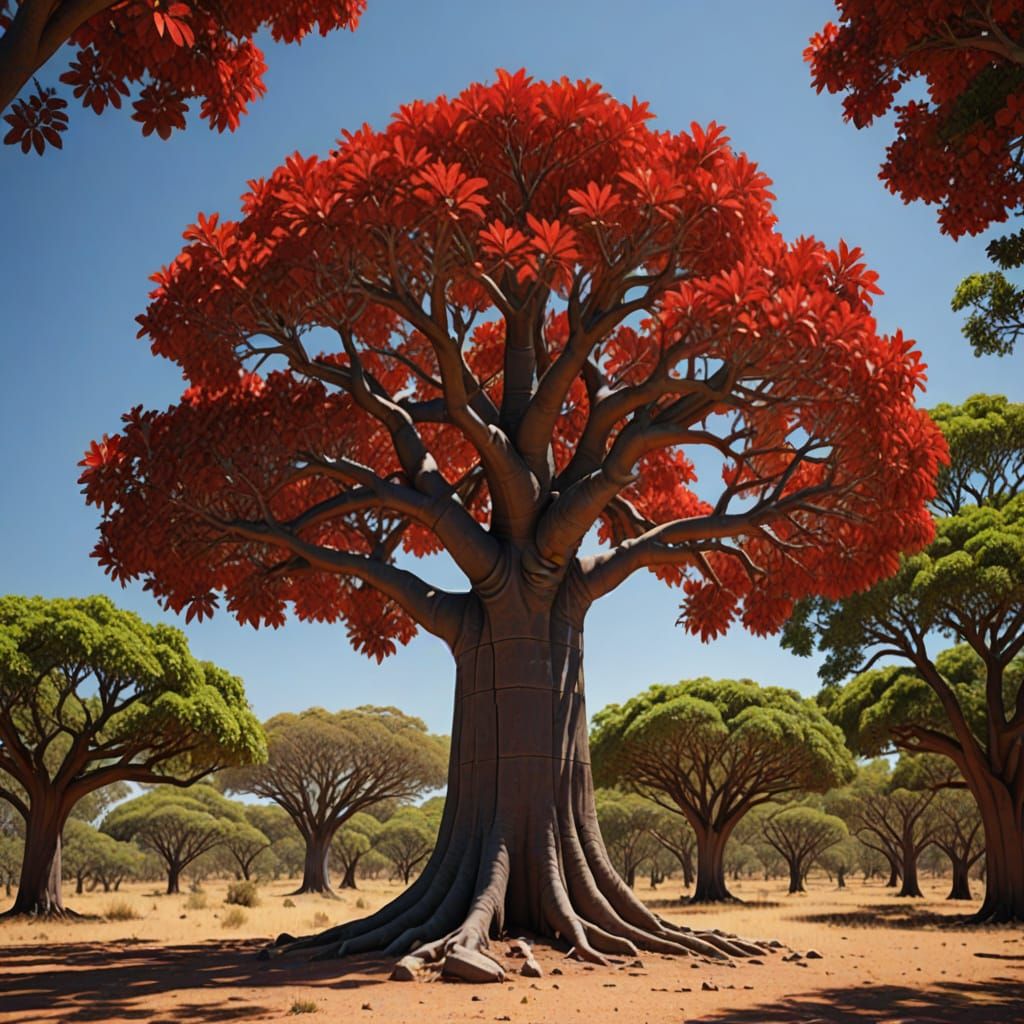 Spectacular Red Boab Tree in Vibrant Realism - AI Art